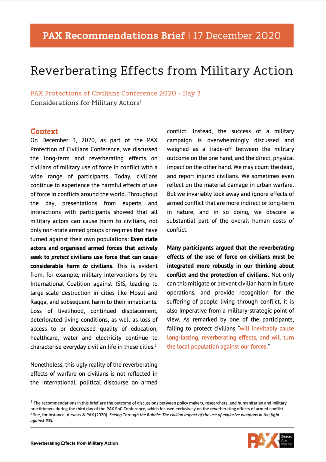 Reverberating Effects from Military Action – PAX Protection of Civilians